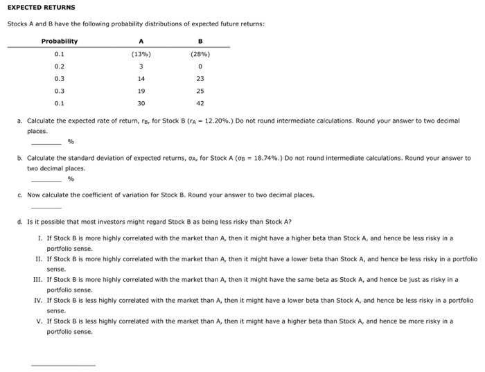Solved EXPECTED RETURNS Stocks A and B have the following | Chegg.com
