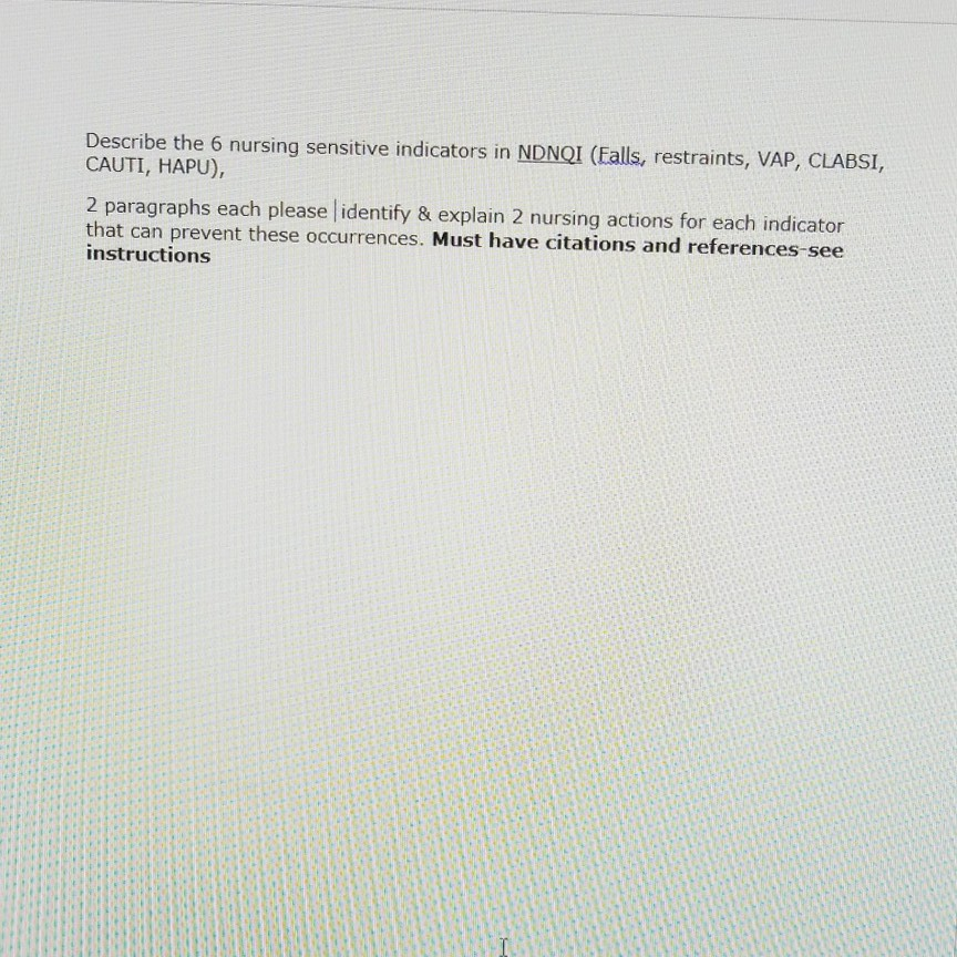 Solved Describe the 6 nursing sensitive indicators in NDNQI | Chegg.com