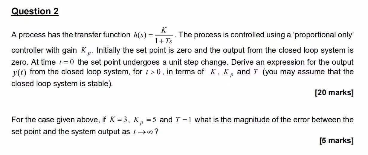 Solved Question 2 K A process has the transfer function h(s) | Chegg.com