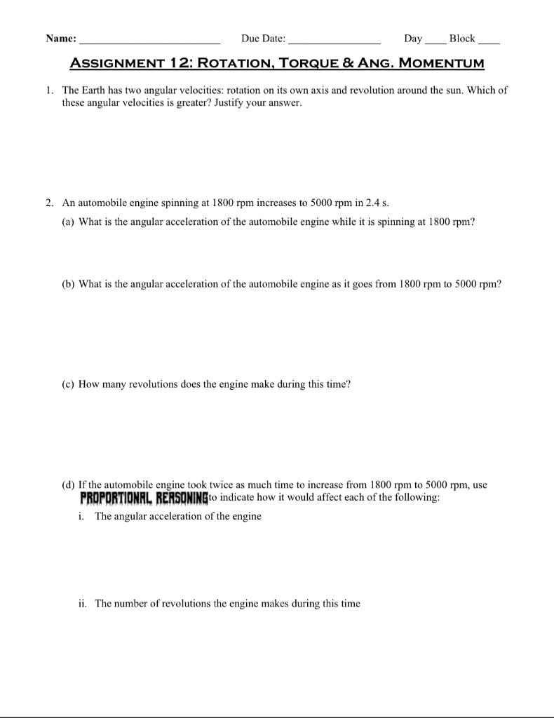 Solved Name: Due Date: Day Block ASSIGNMENT 12: ROTATION, | Chegg.com