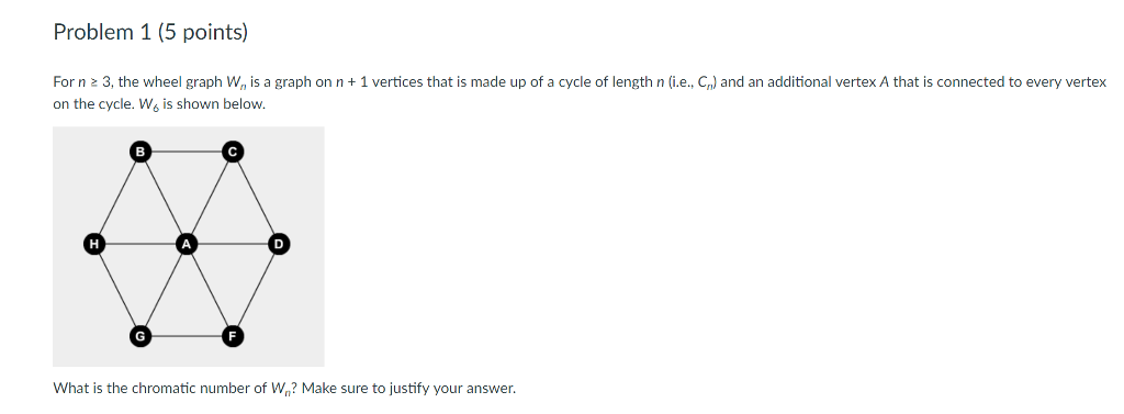 Solved Problem 1 (5 points) For n 3, the wheel graph W, is a | Chegg.com