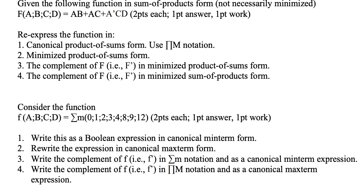 Solved Given the following function in sum-of-products form | Chegg.com