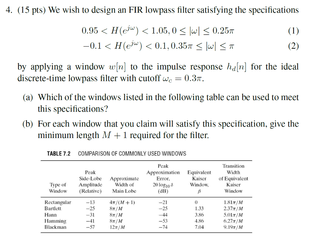 Solved 4. (15 pts) We wish to design an FIR lowpass filter | Chegg.com