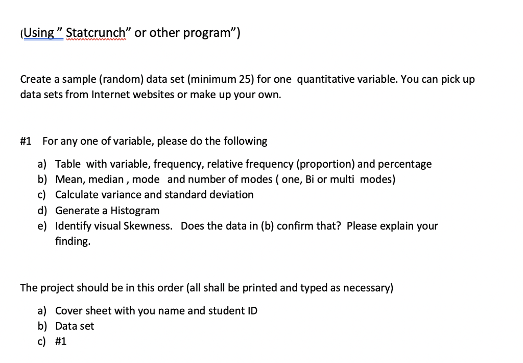 Create a sample (random) data set (minimum 25) for | Chegg.com