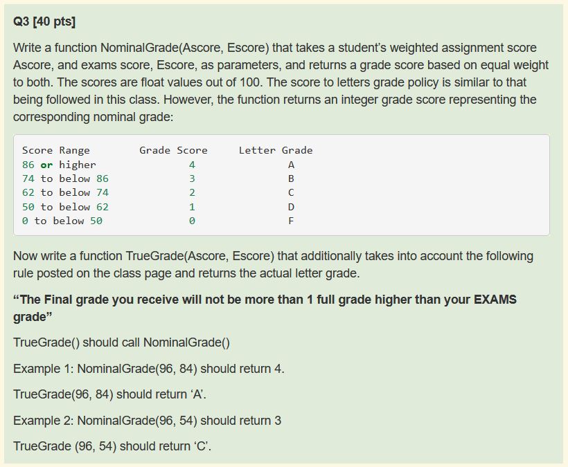 Solved Q3 [40 pts] Write a function NominalGrade(Ascore, | Chegg.com