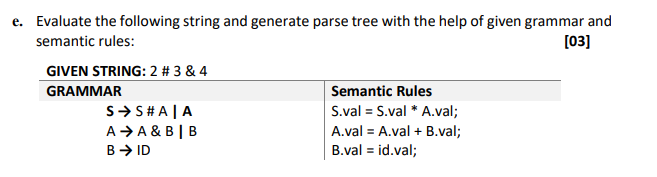 Solved e. Evaluate the following string and generate parse | Chegg.com