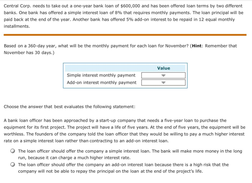 Solved Value Simple interest monthly payment Add-on interest | Chegg.com