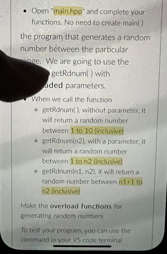 Solved - Open "main.hpp" and complete your functions. No | Chegg.com