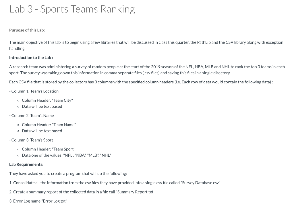 Solved Lab 3 - Sports Teams Ranking Purpose of this Lab: The | Chegg.com