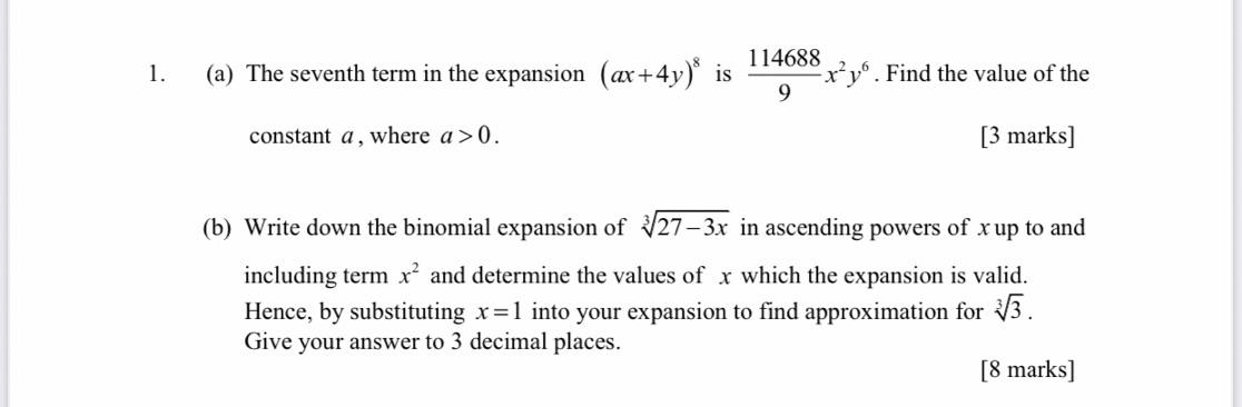 Solved (a) The seventh term in the expansion (ax+4y)8 is | Chegg.com