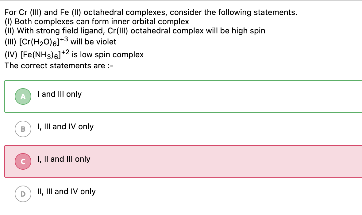 Solved For Cr (III) ﻿and Fe (II) ﻿octahedral complexes, | Chegg.com