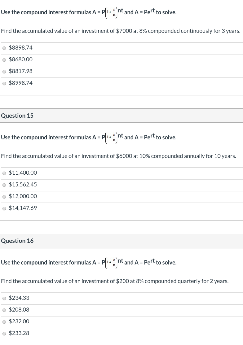 Solved Use the compound interest formulas A = P1+ P(1. A)nt | Chegg.com