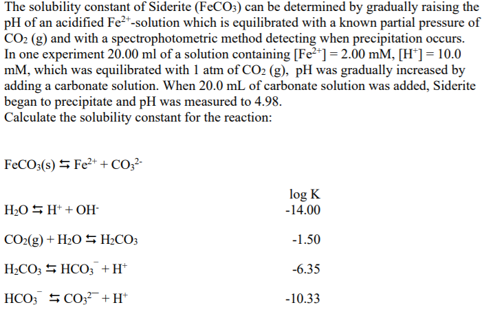 The solubility constant of Siderite (FeCO3) can be | Chegg.com