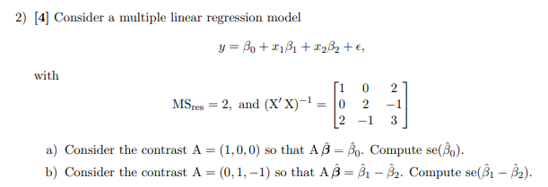 Solved 2) [4] Consider a multiple linear regression model | Chegg.com