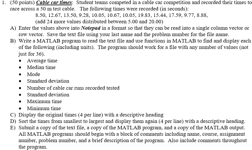 Solved 1. (50 points) Cable car times: Student teams | Chegg.com