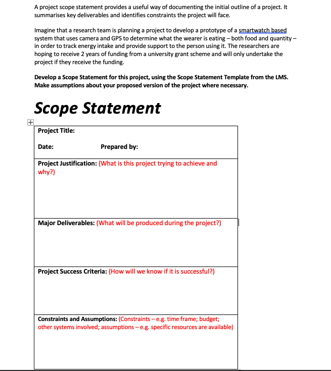 Tutorial 2 – Activity 4 A project scope statement | Chegg.com