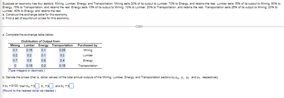 Solved Suppose an economy has four sectors: Mining. Lumber. | Chegg.com