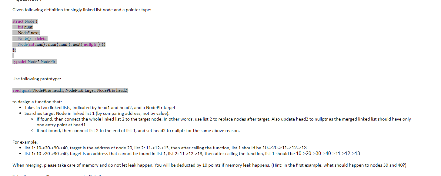 Given following definition for singly linked list | Chegg.com