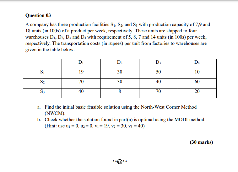 Solved Question 03 A company has three production facilities | Chegg.com
