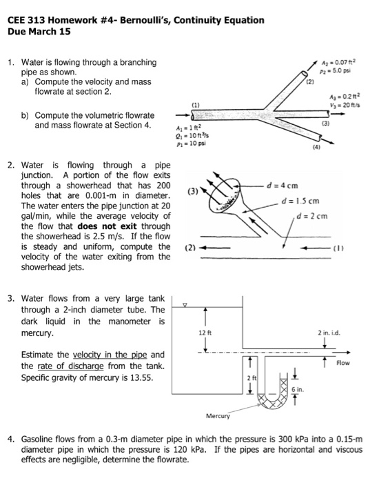 Solved CEE 313 Homework #4-Bernoulli's, Continuity Equation | Chegg.com