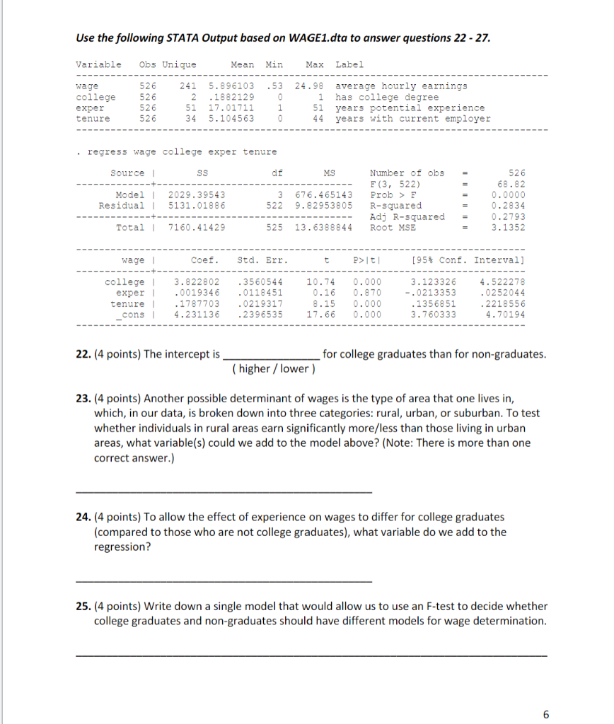 Use the following STATA Output based on WAGE1.dta to | Chegg.com