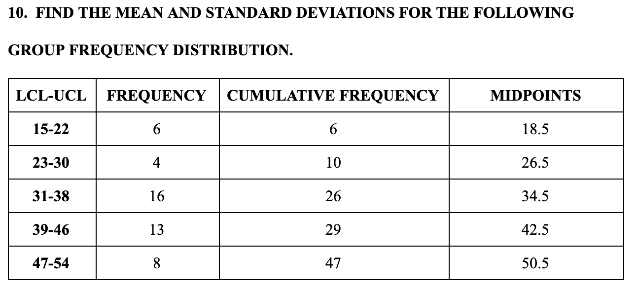Solved 10. FIND THE MEAN AND STANDARD DEVIATIONS FOR THE | Chegg.com