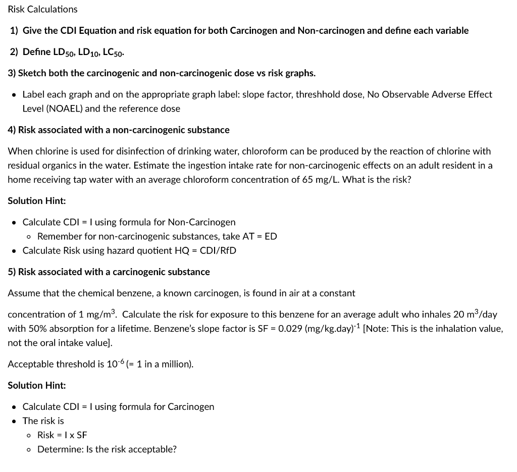 Solved Risk Calculations 1) Give the CDI Equation and risk | Chegg.com