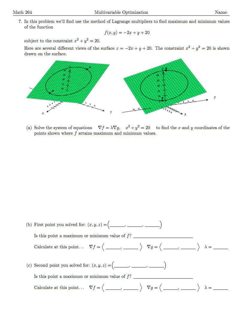 Solved Math 264 Multivariable Optimization Name: 7. In this | Chegg.com