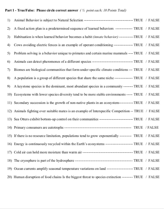 Solved Part 1 True/False: Please circle correct answer (% | Chegg.com