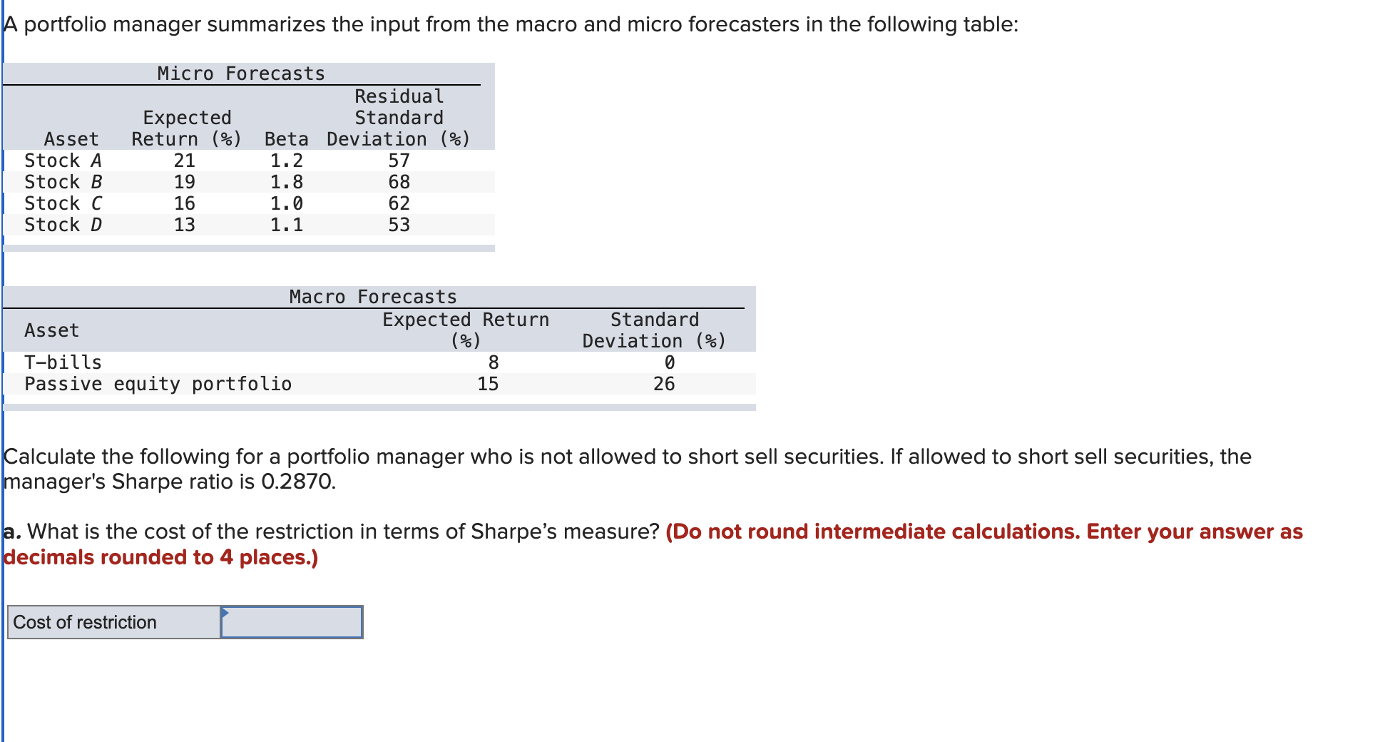 Solved A portfolio manager summarizes the input from the | Chegg.com