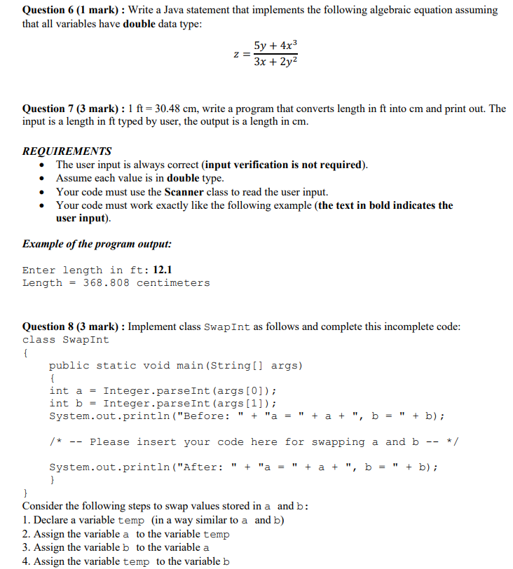 Solved Question 6 (1 mark) : Write a Java statement that | Chegg.com