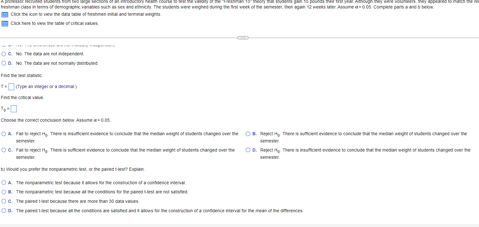 Click the icon to view the data table of freshmen | Chegg.com