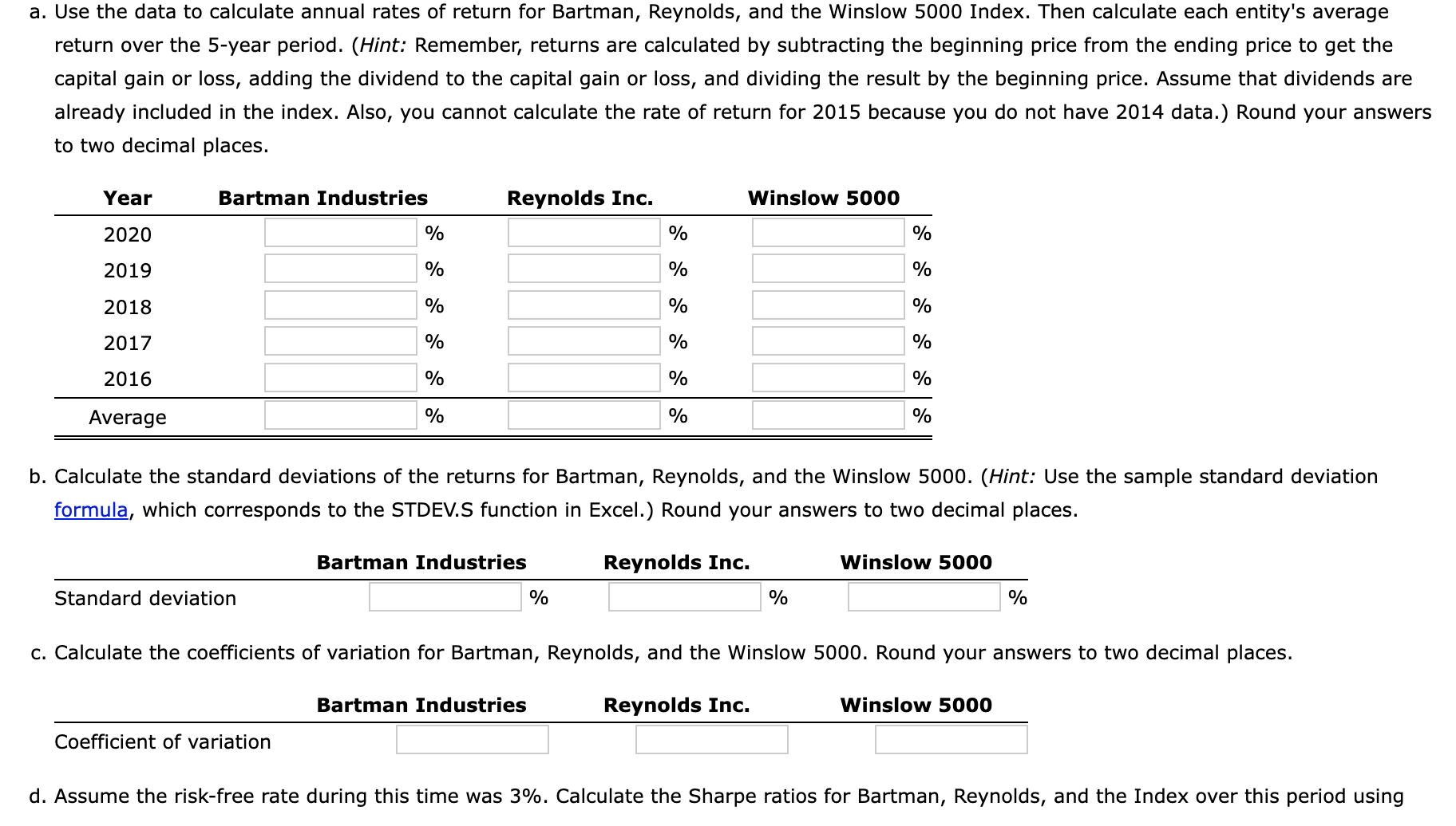 Solved Excel Activity: Evaluating Risk and Return Bartman | Chegg.com