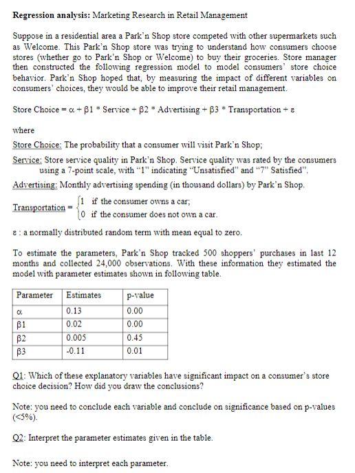 Regression analysis: Marketing Research in Retail | Chegg.com