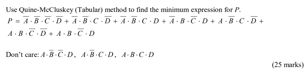 Solved Use Quine-McCluskey (Tabular) method to find the | Chegg.com
