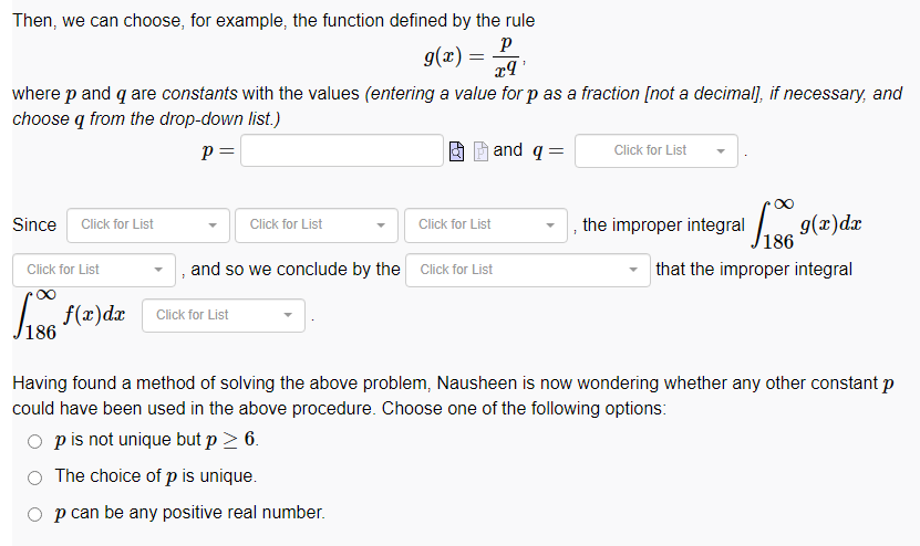 Solved Nausheen is considering the improper integral | Chegg.com