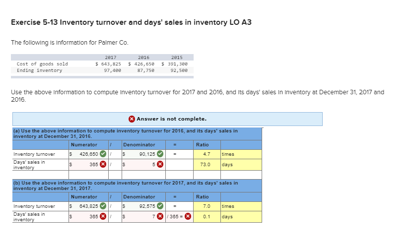 Solved Exercise 5-13 Inventory turnover and days' sales in | Chegg.com
