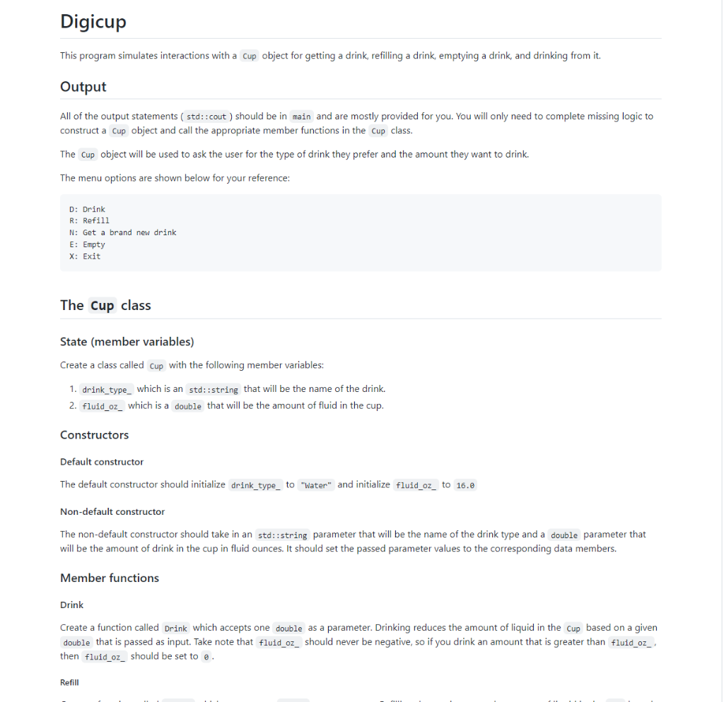 Solved This program simulates interactions with a cup object | Chegg.com