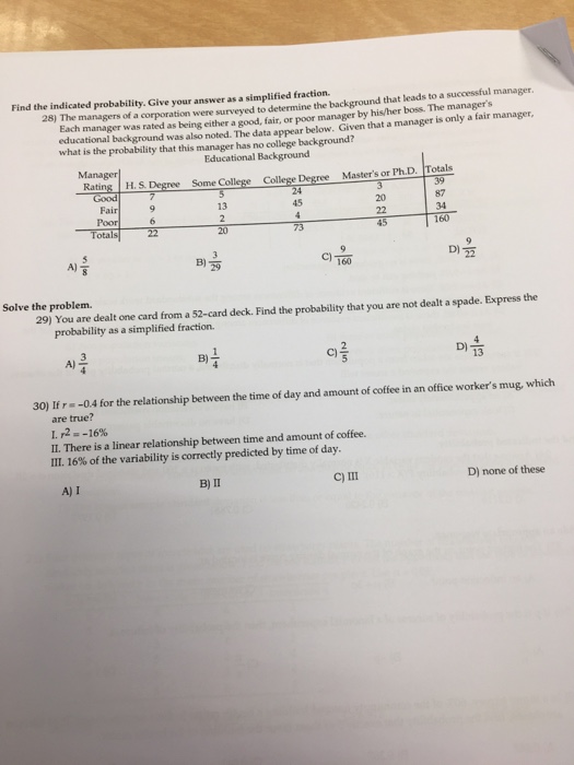 Solved 28) Find the indicated probability. Give your answer | Chegg.com