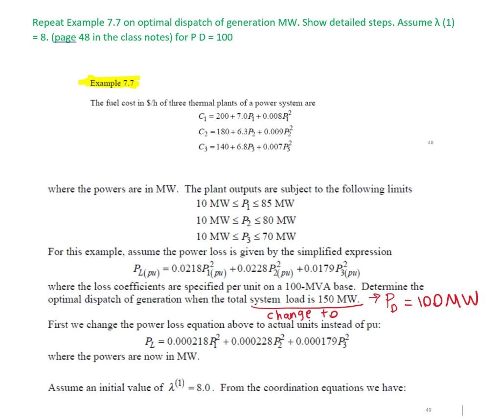 Solved Repeat Example 7.7 on optimal dispatch of generation | Chegg.com