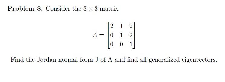 Solved Problem 8. Consider the 3×3 matrix A=⎣⎡200110221⎦⎤ | Chegg.com
