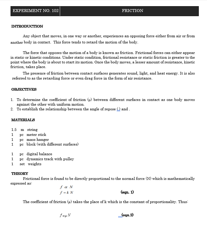 Solved EXPERIMENT NO. 102 FRICTION INTRODUCTION Any object | Chegg.com