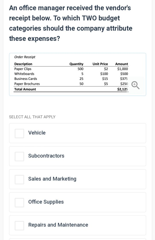 Solved An office manager received the vendor's receipt | Chegg.com