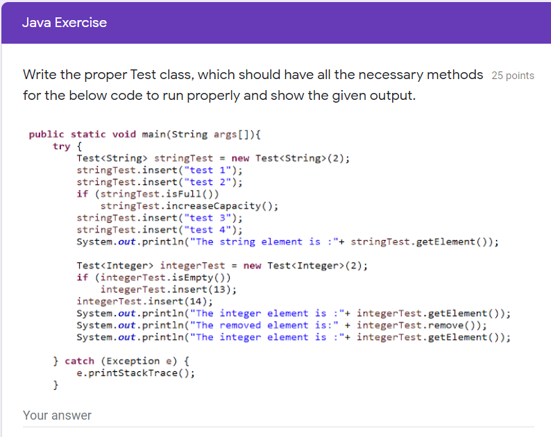 Solved Java Exercise Write the proper Test class, which | Chegg.com
