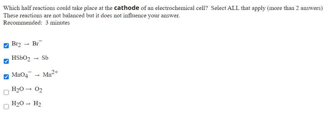 Solved Which half reactions could take place at the cathode | Chegg.com