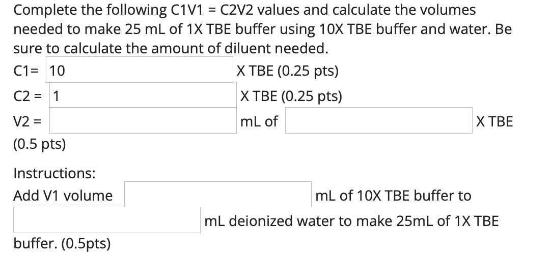 Solved = Complete the following C1V1 = C2V2 values and | Chegg.com