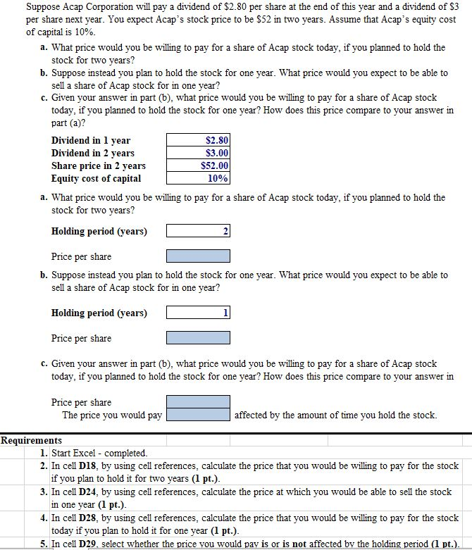 Solved Suppose Acap Corporation will pay a dividend of $2.80 | Chegg.com