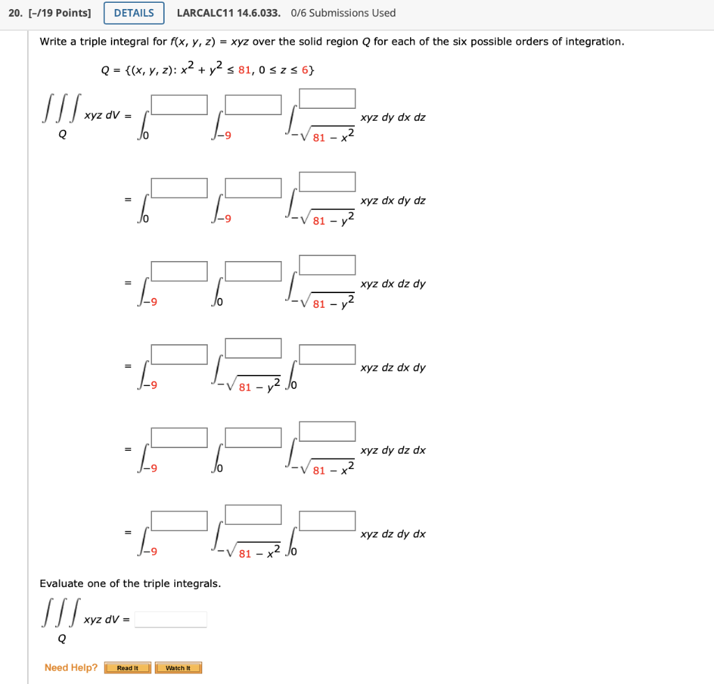 Solved Write a triple integral for f(x,y,z)=xyz over the | Chegg.com