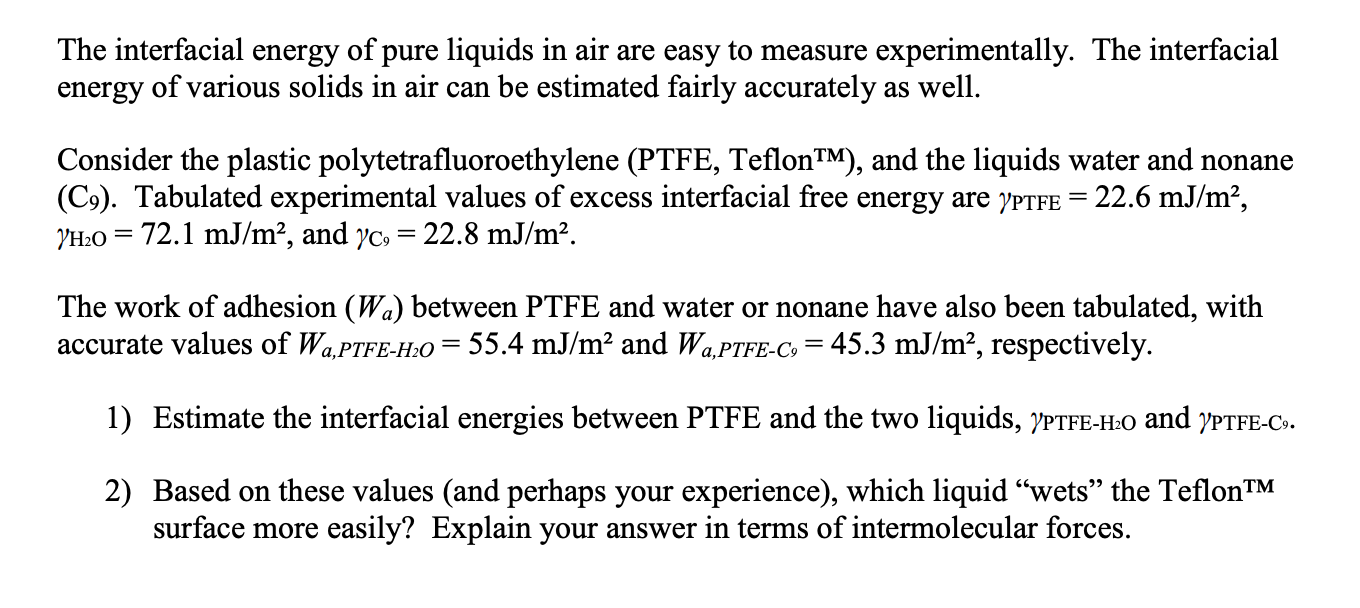 The interfacial energy of pure liquids in air are | Chegg.com