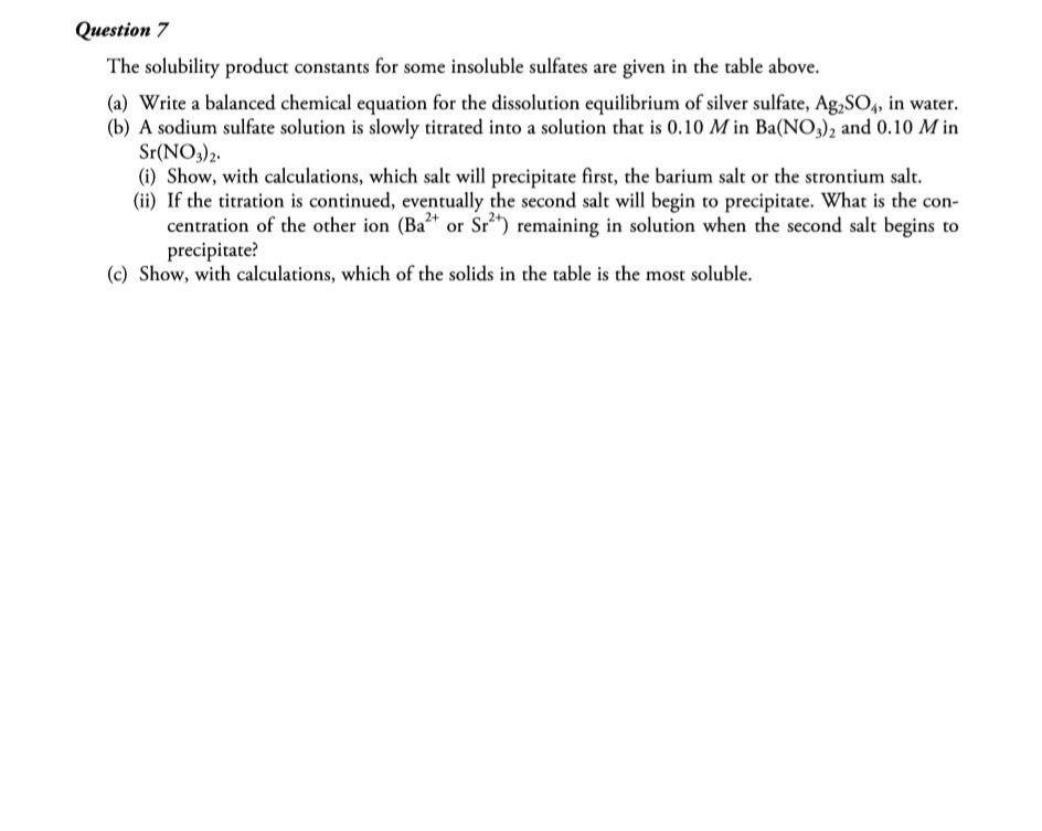 Solved Question 7 The solubility product constants for some | Chegg.com